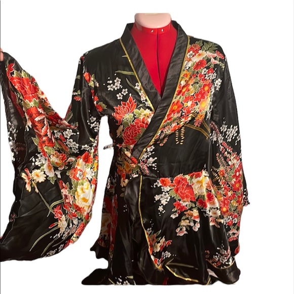 Tops | Japanese Style Kimono Top Tie Front Black And Floral Pattern Sz ...